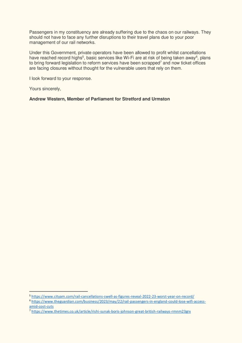 Letter to the Secretary of State for Transport and to Northern Rail (11 ...