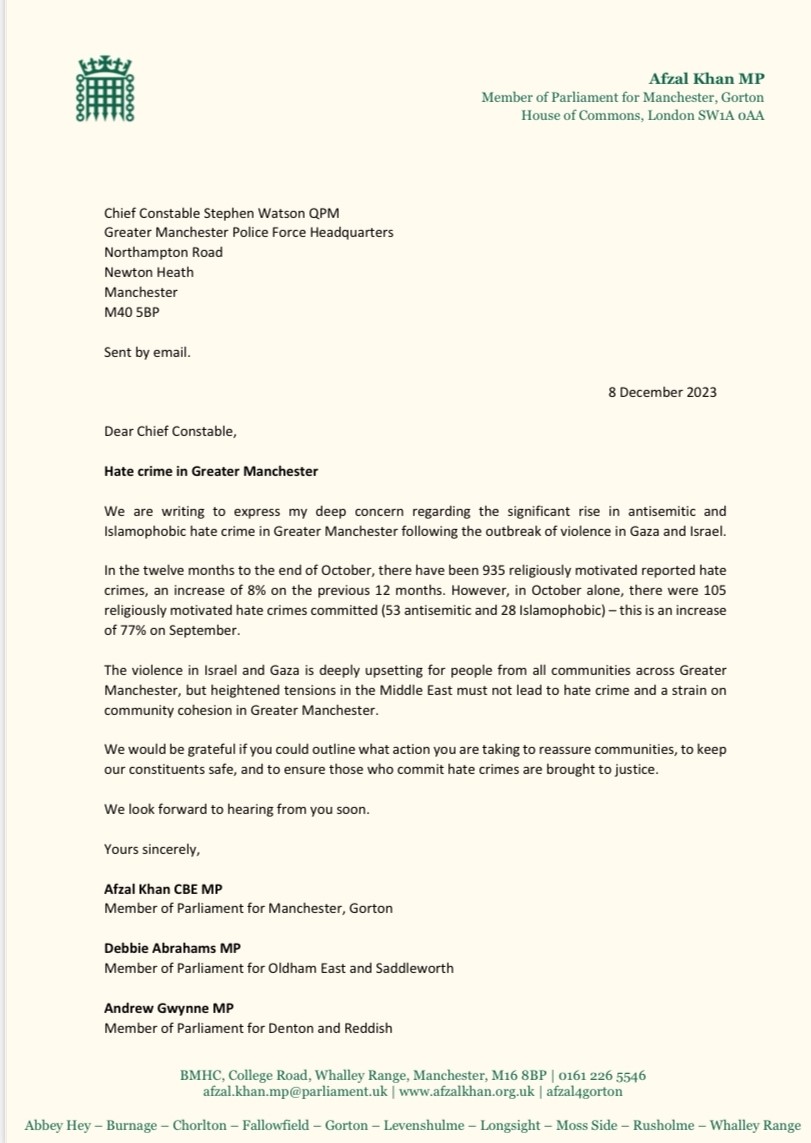 A letter to the Chief Constable of the Greater Manchester Police Force ...