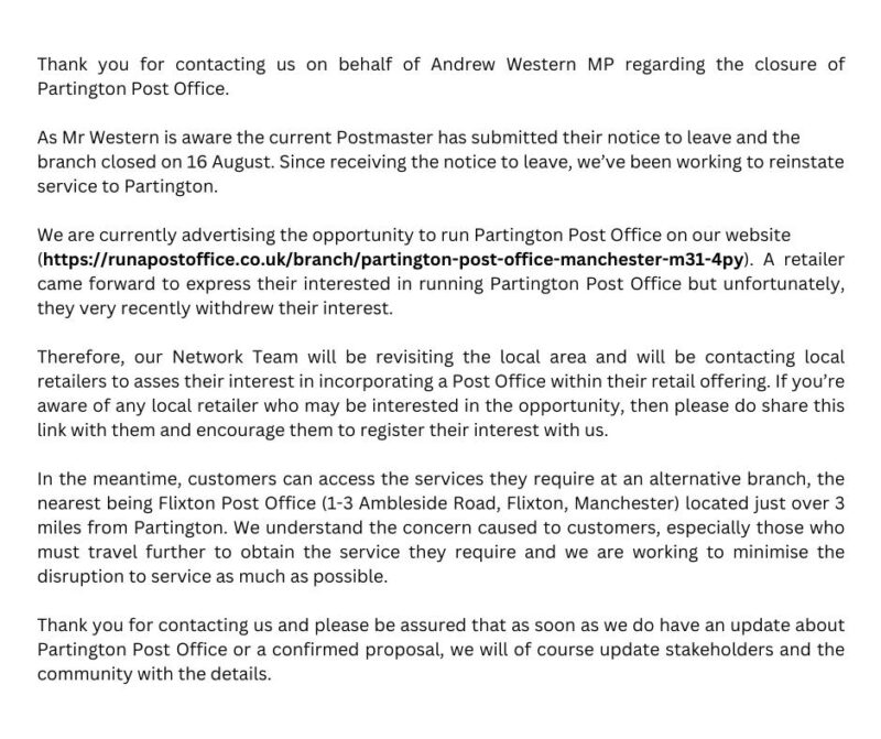 The Post Office responds to Andrew Western’s letter about Partington ...